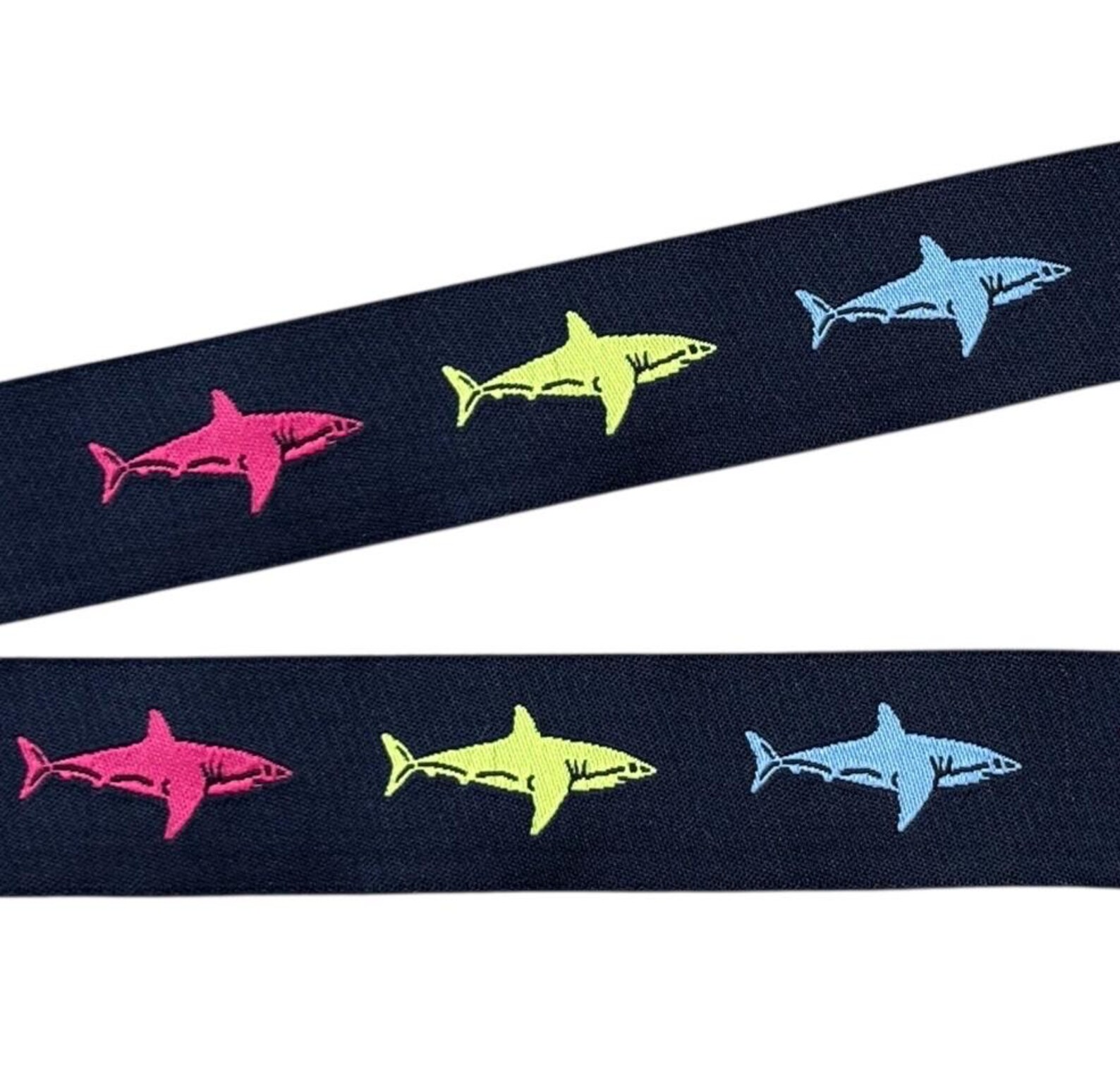 ANIMALS/ MARITIME Multicolor SHARK Ribbon Polytrim (22mm) Navy Base ...