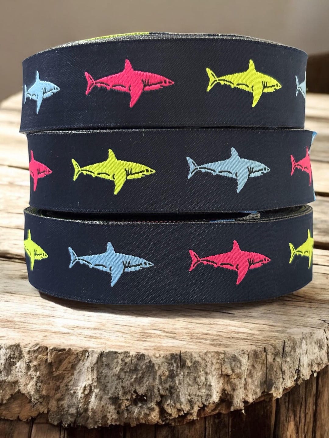ANIMALS/ MARITIME Multicolor SHARK Ribbon Polytrim (22mm) Navy Base ...