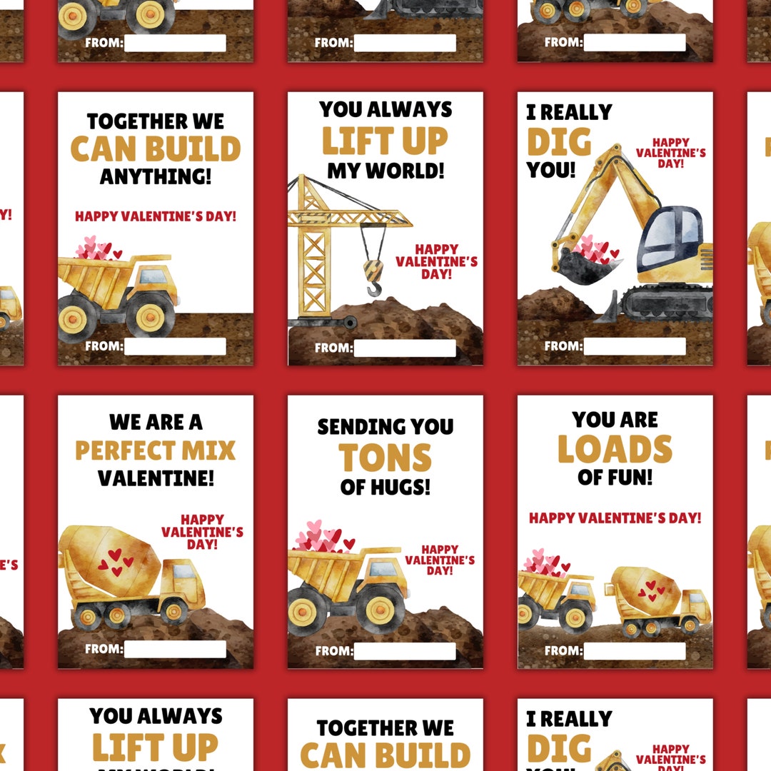 Printable Construction Valentine's Day Cards, Classroom Valentine's Day ...