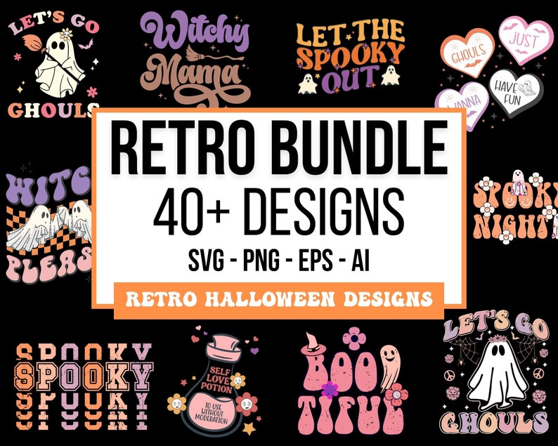 Retro Halloween Designs Bundle, Groovy Spooky PNG EPS SVG (digital ...