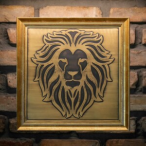Brass Lion in a Beautiful Wooden Frame. Handmade, 100% Brass and Wood ...