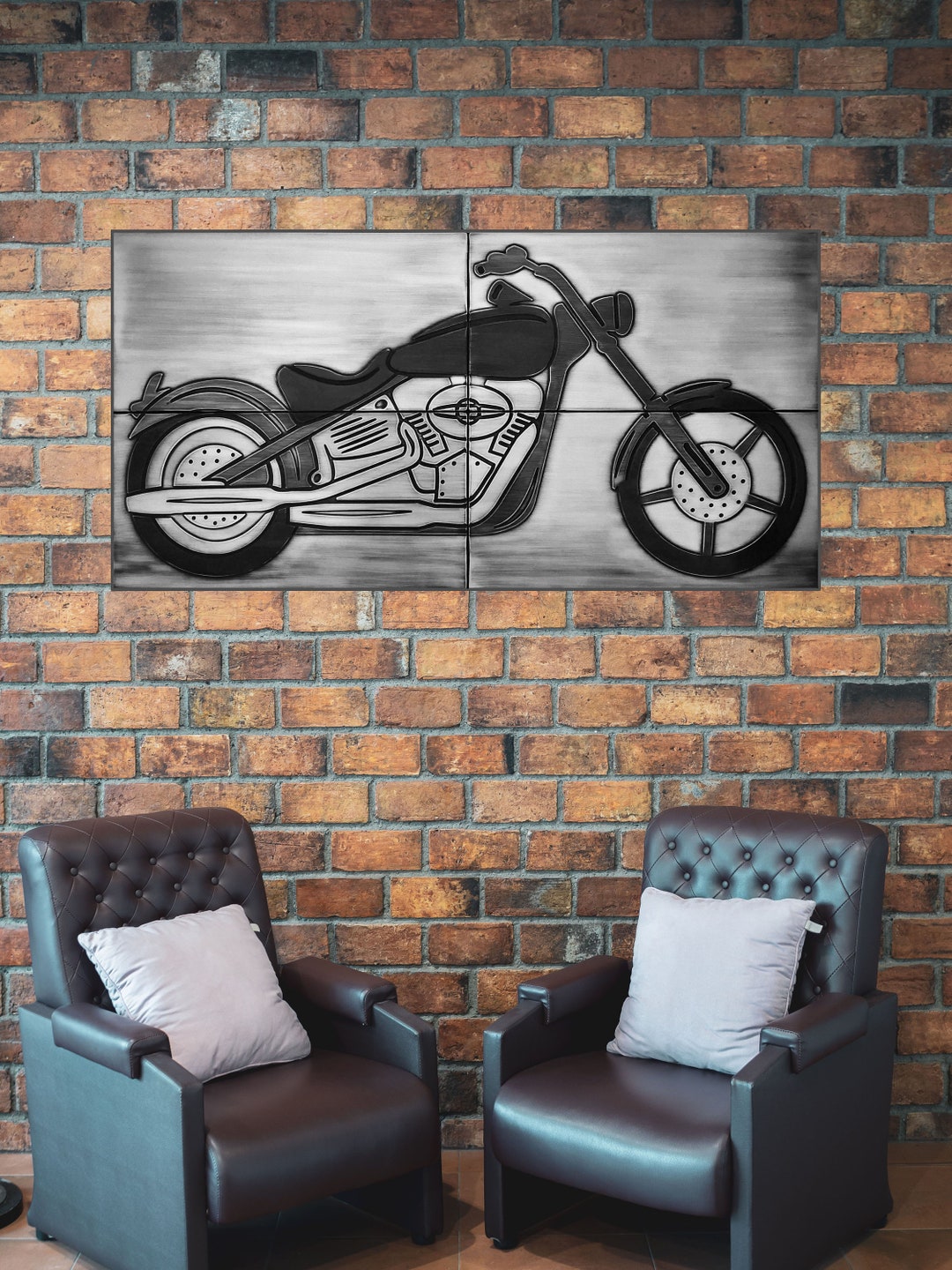 Industrial Motorcycle Wall Art – Real Metal Tile Set for Man Cave, Bar ...
