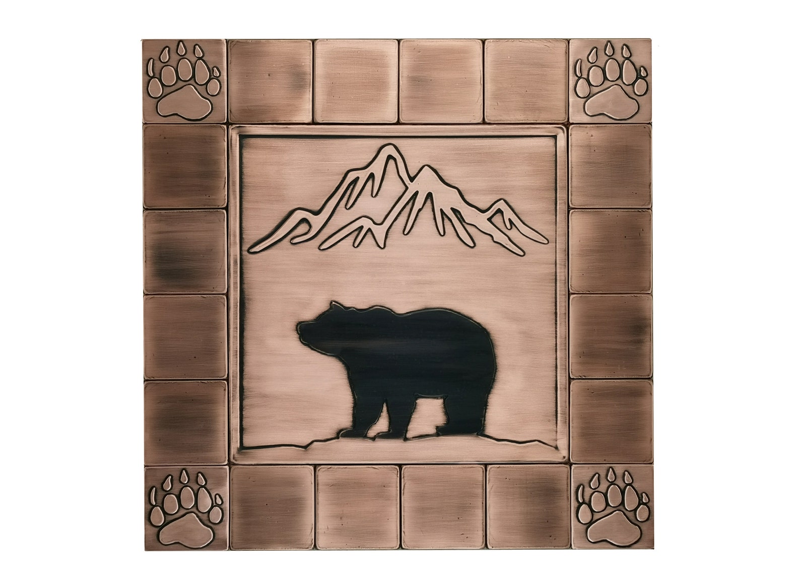 Large Bear and Mountains - SET of 21 HANDMADE Tiles - Copper, Brass or ...