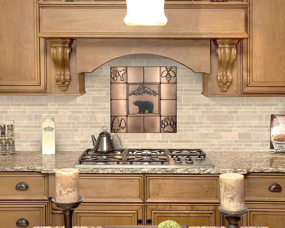 Bear and Mountains SET of 13 HANDMADE Tiles Copper Brass - Etsy