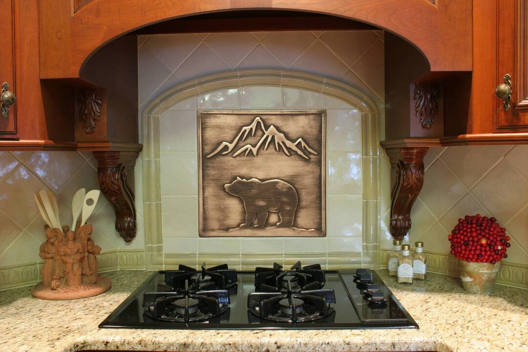 Bear and Mountains 100% Copper, Brass or Stainless Steel Tile, Handmade ...