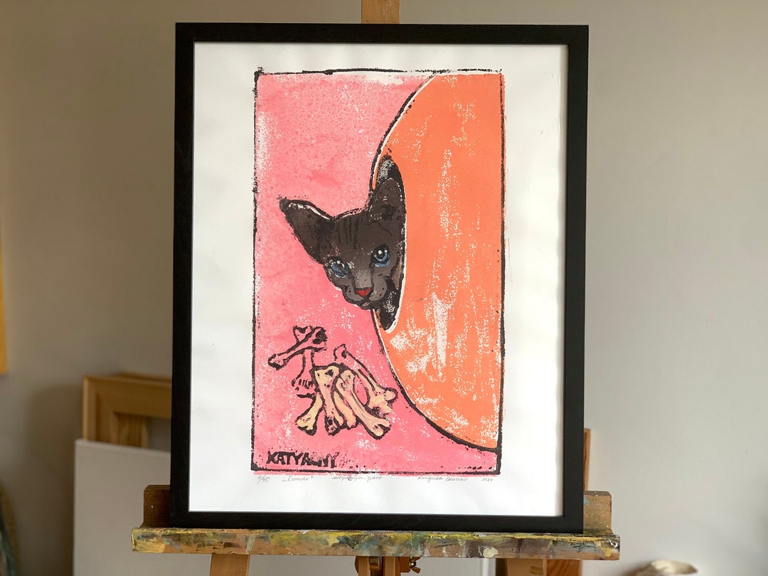 Original Linocut Print, Contemporary Art Graphic Painting With Cat ...