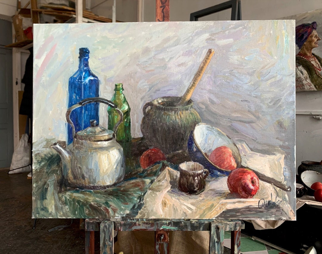 Original Still Life Oil Painting: Kettle and Metal Objects, 31.4x23.6 ...