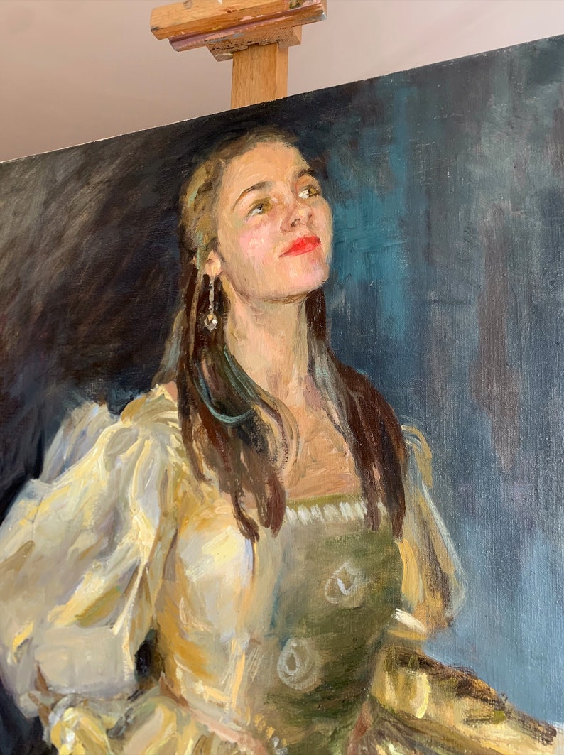 Original Big Oil Painting in Vintage Style, Princess in Gold Dress ...