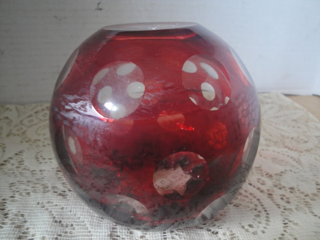 Vintage Ruby Red Coin Dot Glass Ivy Ball or Rose Bowl Vase, Crimped ...