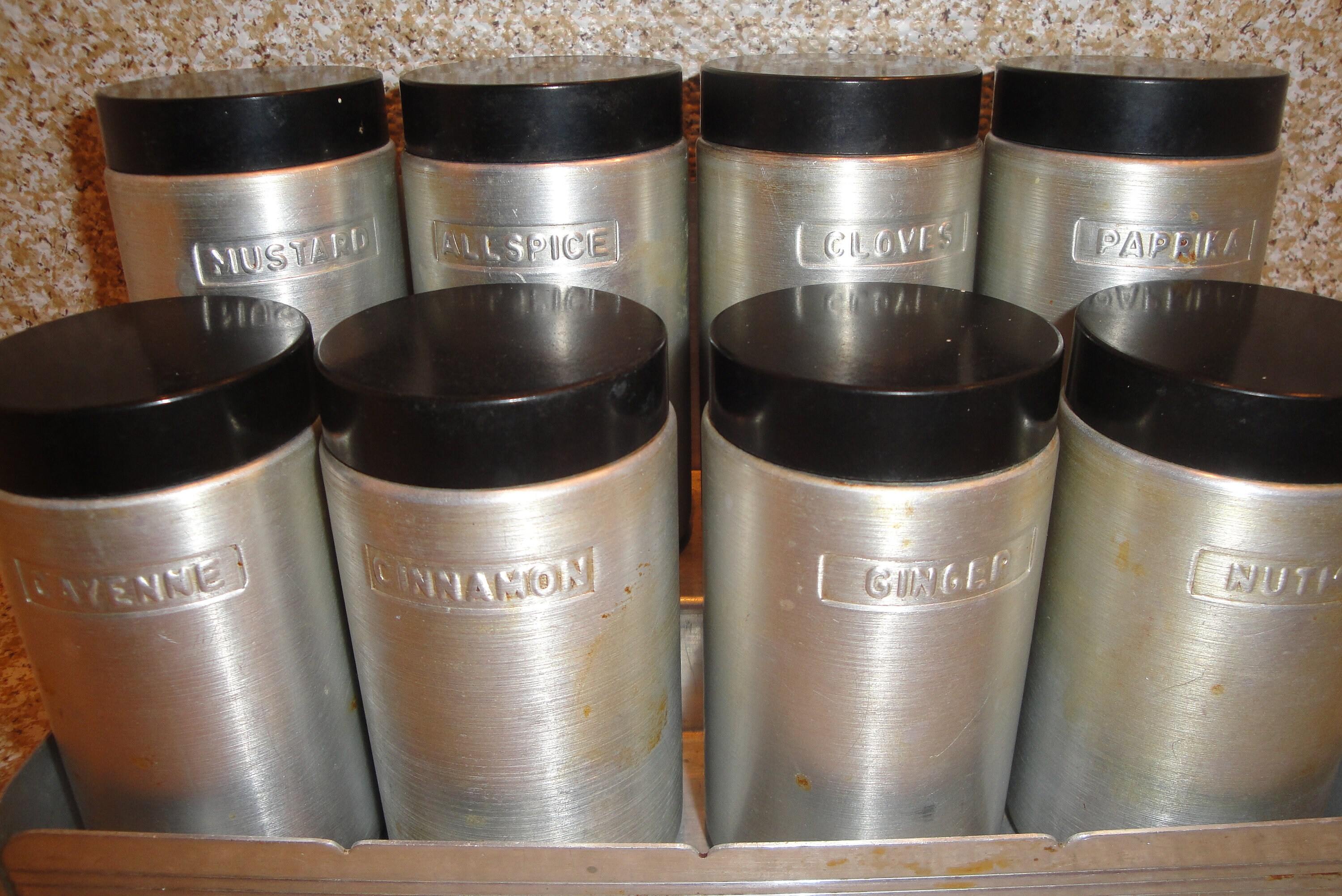 Set of 8 Kromex Spun Aluminum Spice Jars With Rack Black Tops - Etsy