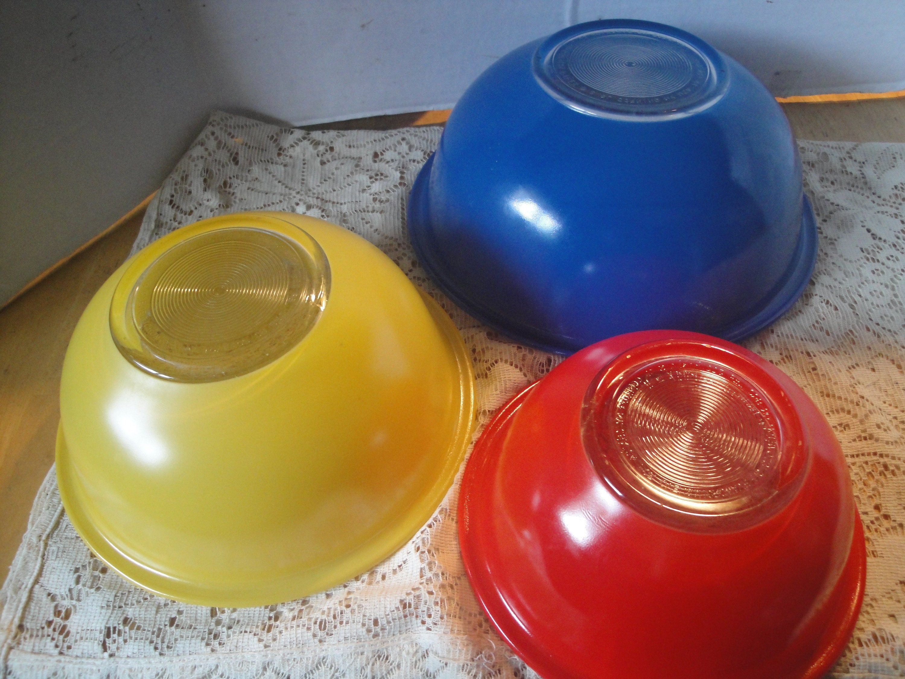 Pyrex - Corning, Retro Clear Bottom, Blue, Yellow, Red Colored Glass ...
