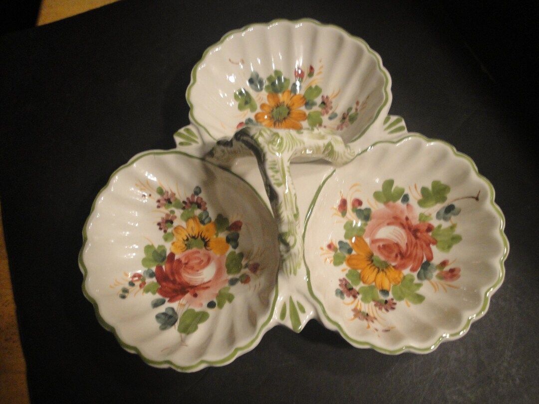 Vintage Floral Hand Painted, Divided Condiment Dish With Center Handle ...