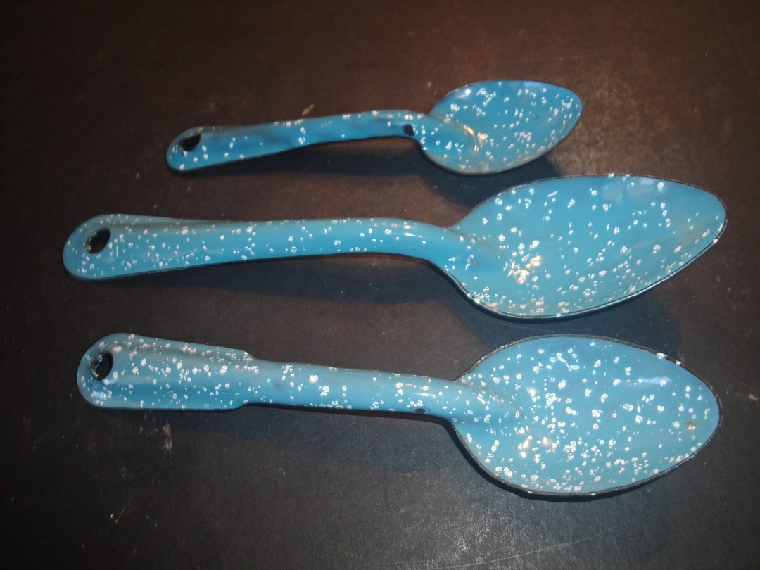 3 Vintage Blue Speckled Graniteware Enamel Ware Mixing Spoons for Camp ...