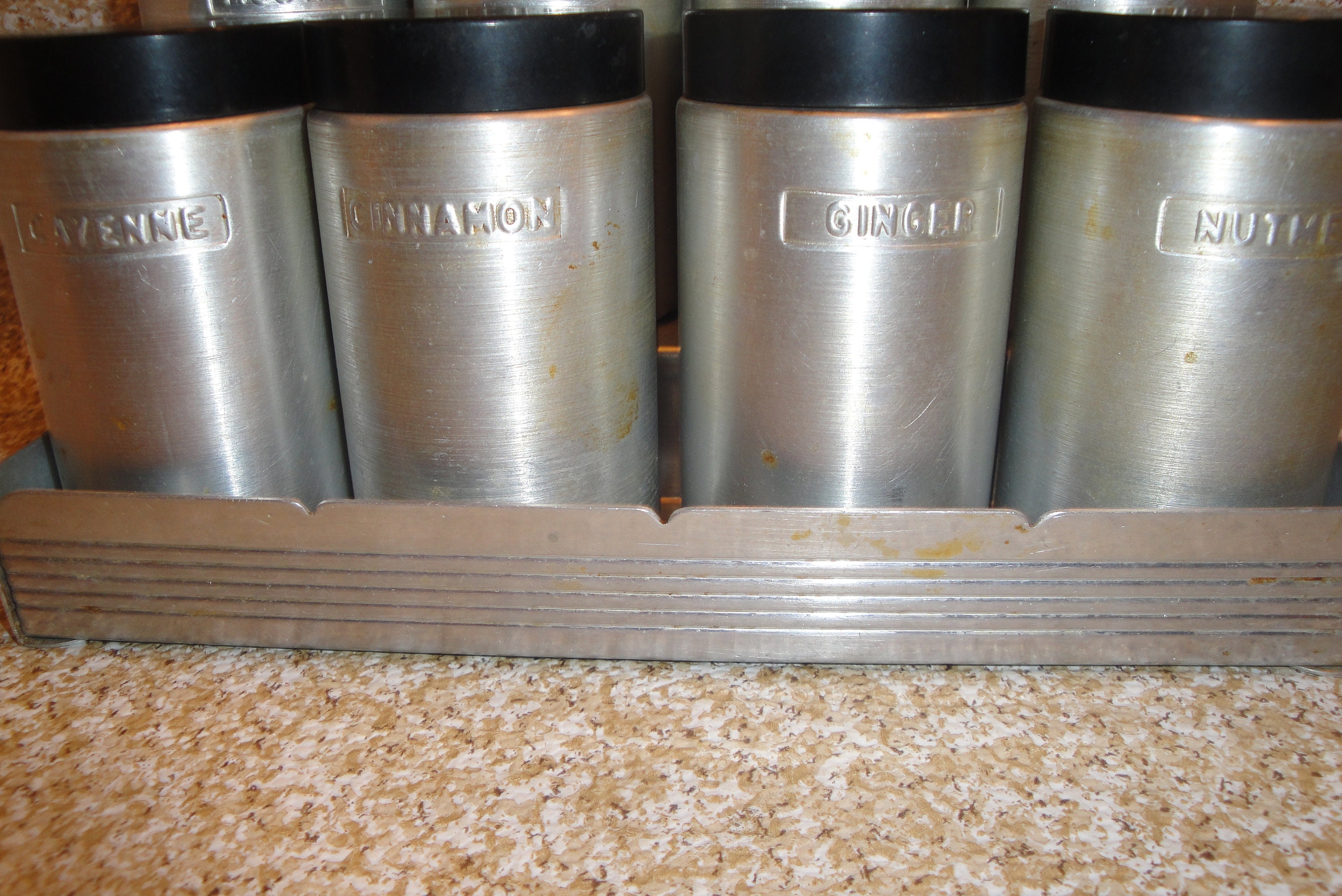 Set of 8 Kromex Spun Aluminum Spice Jars With Rack Black Tops - Etsy
