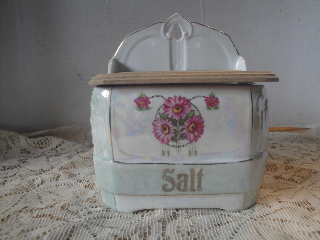 Vintage Salt Box With Wooden Lid, Victoria Charm, Stamped ...