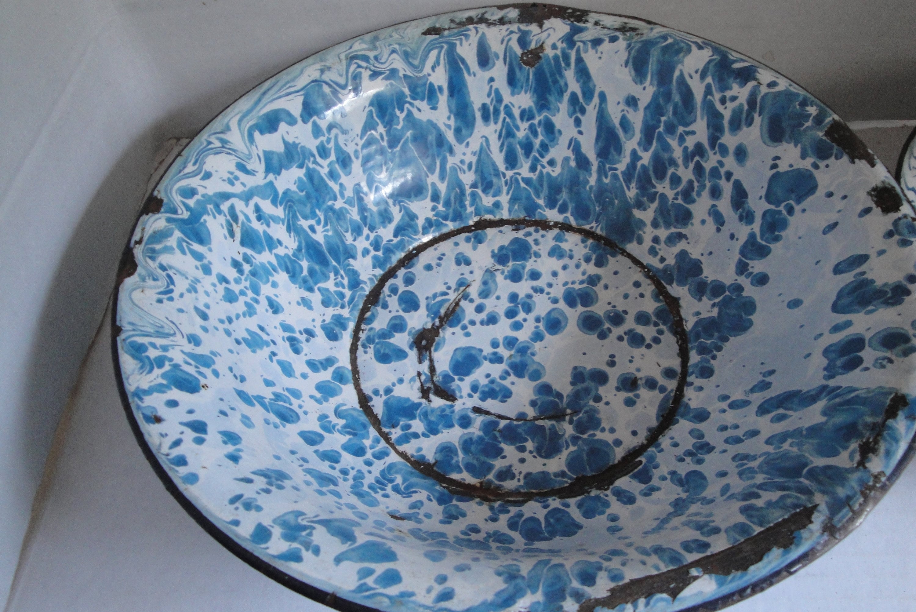 Two Shabby Antique Enamelware Pans. Blue and White Swirl, Kitchen ...