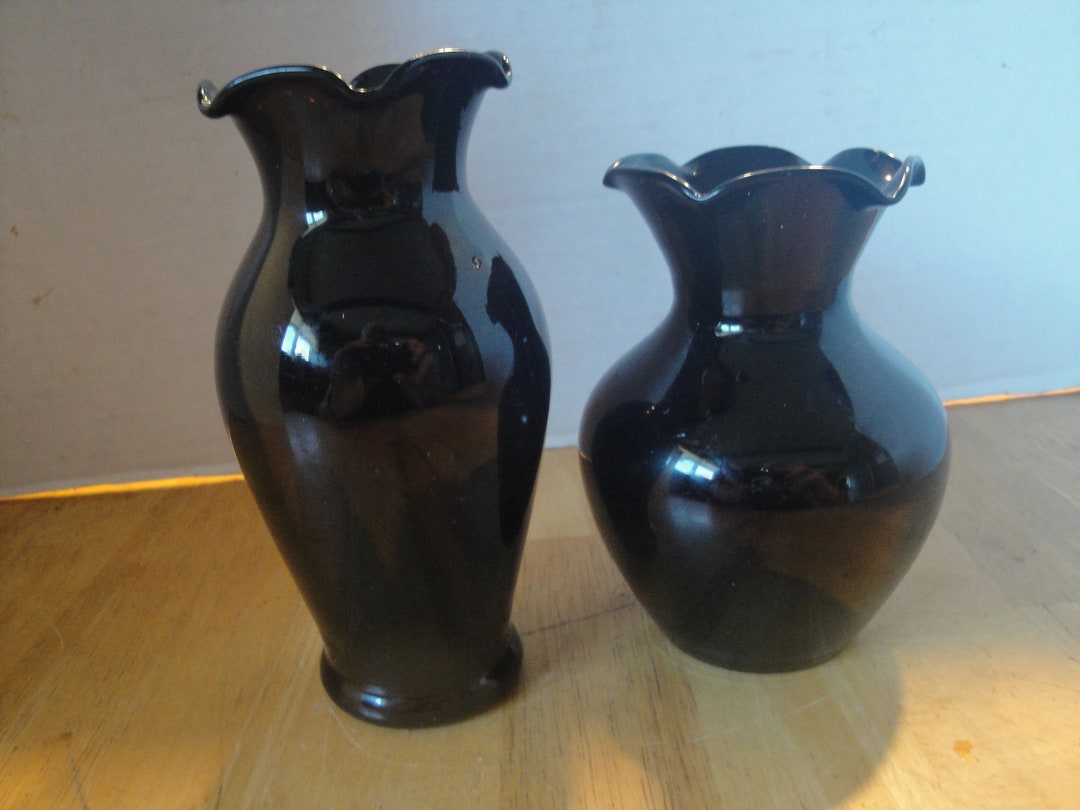 Vintage Black Amethyst Glass Vases. Pair of Small Vases for Violets ...