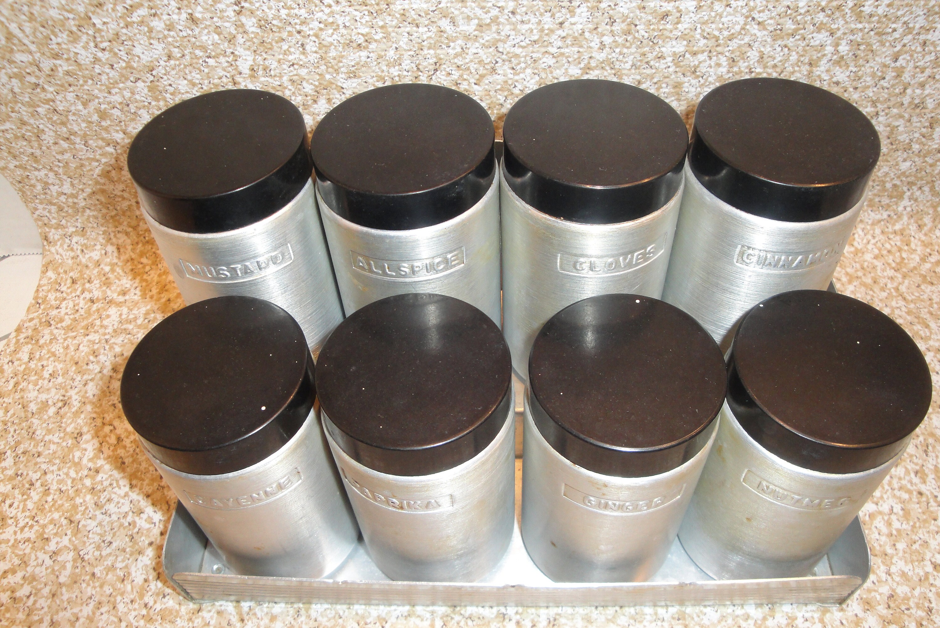 Set of 8 Kromex Spun Aluminum Spice Jars With Rack Black Tops - Etsy