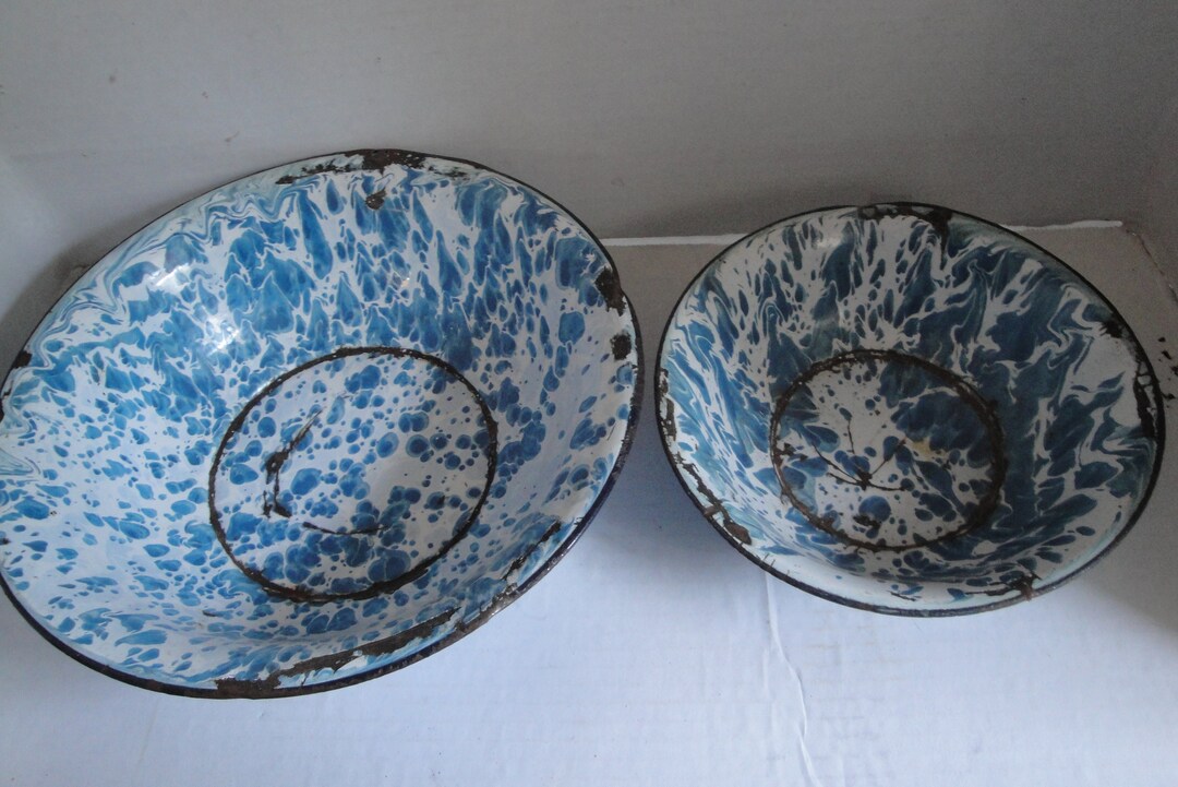 Two Shabby Antique Enamelware Pans. Blue and White Swirl, Kitchen ...