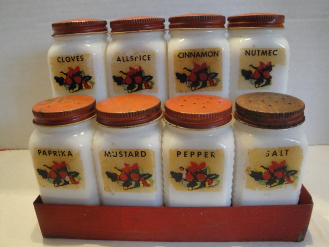 Vintage Tipp City Sunburst Fruit Design 8 Jar Spice Set Comes With Red Metal Rack, All Original ...