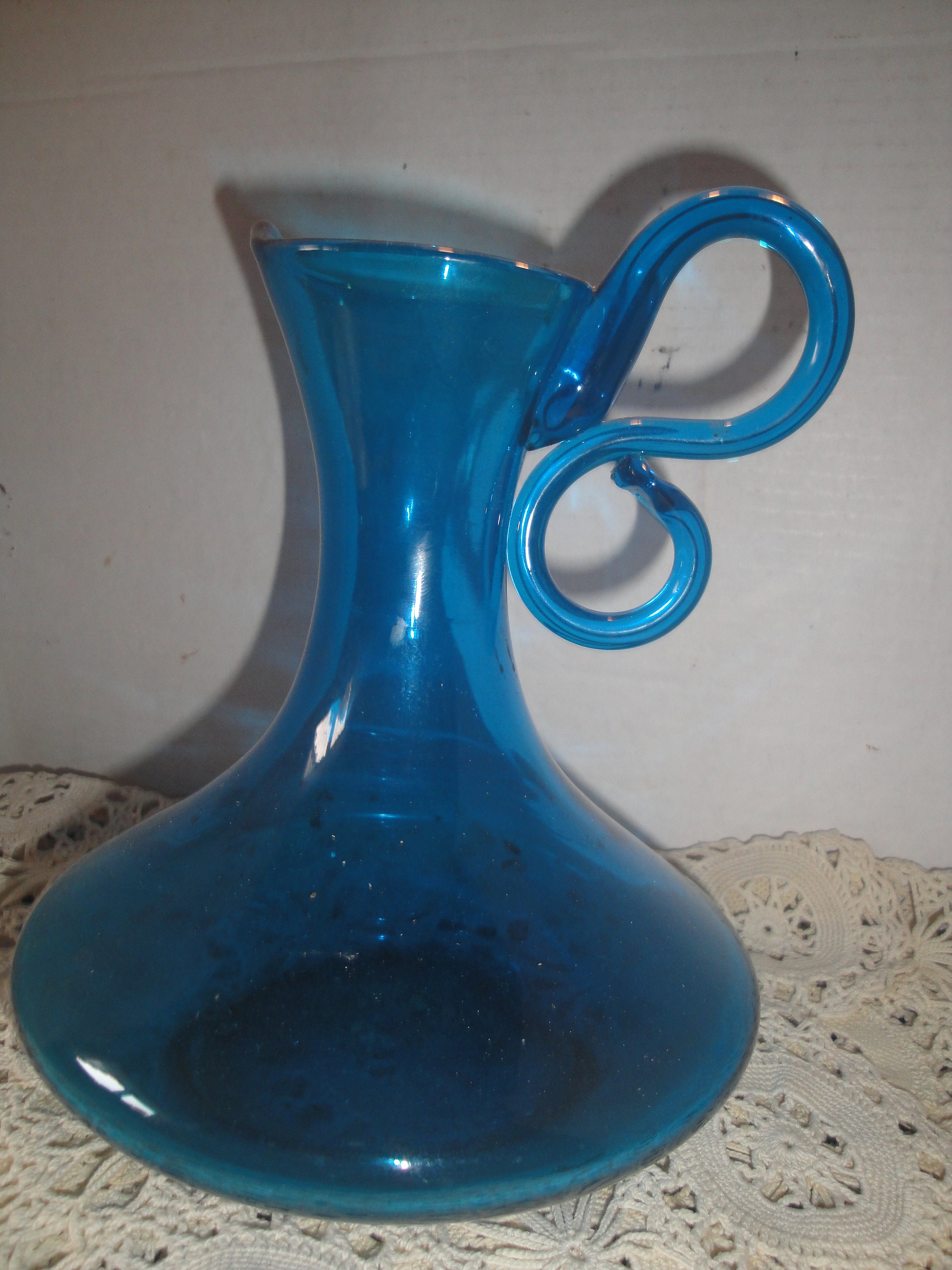 Vintage Blenko Art Glass Ewer, Hand Blown, Aqua Blue Optic, 8 Tall - Etsy