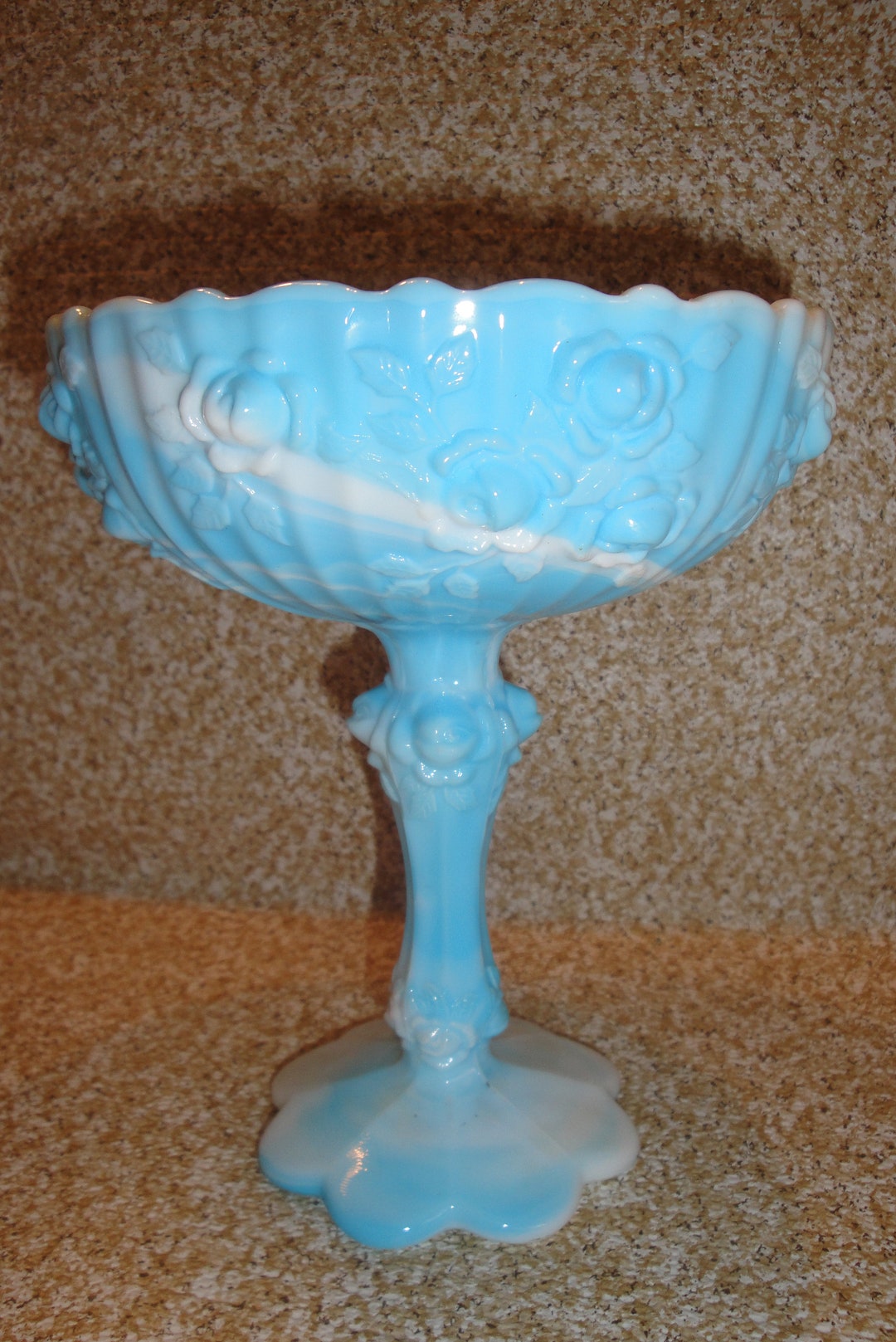Fenton Blue and White Slag Glass Cabbage Rose Pedestal Compote/candy ...