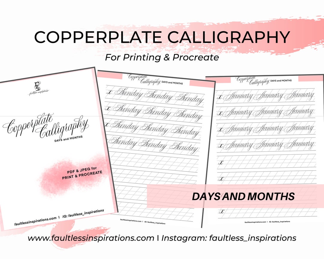 Copperplate Calligraphy Practice Sheets, Days & Months (PDF, JPG) - Etsy
