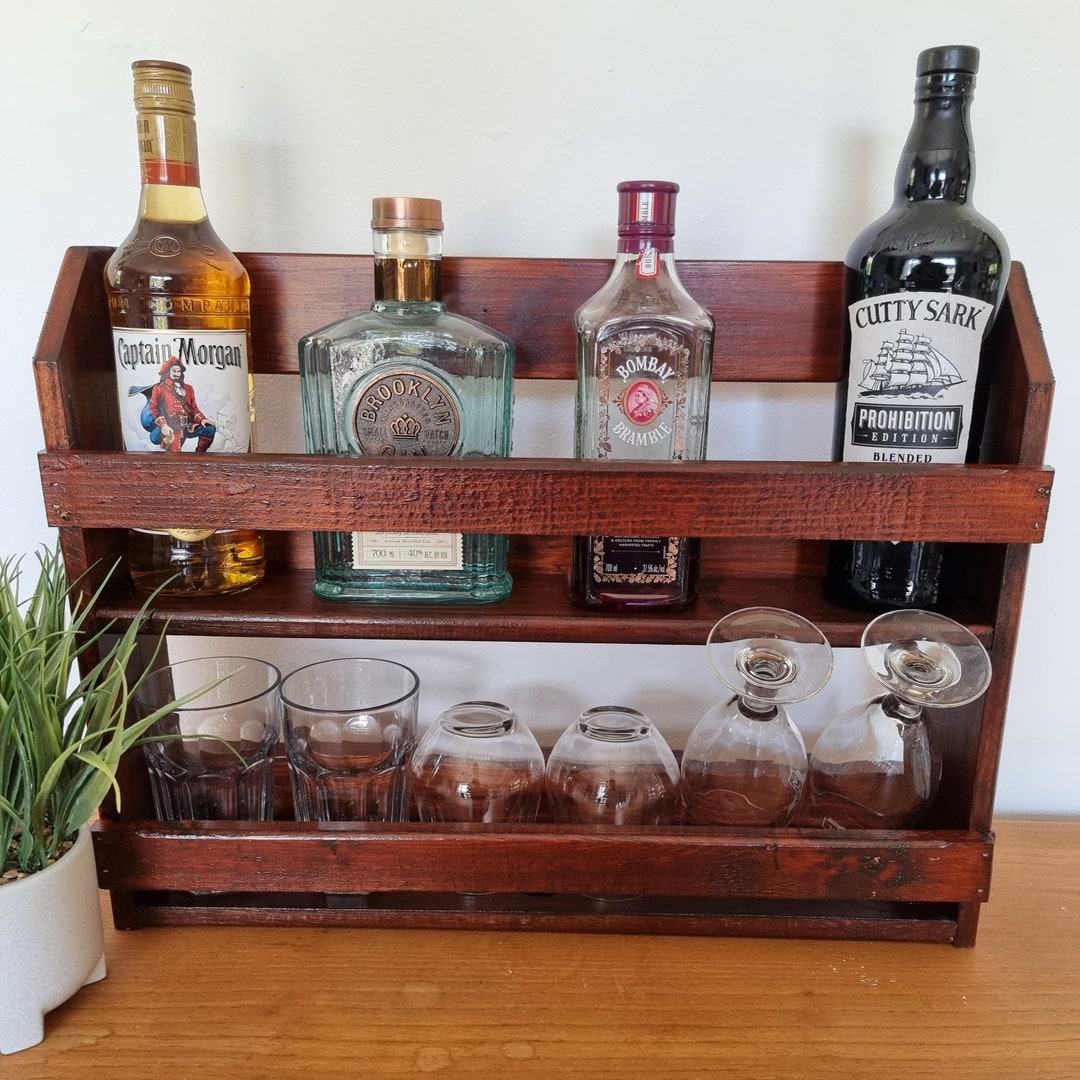 Wooden Drinks Rack Whisky Display Shelf for Bottles and Glasses Wall ...