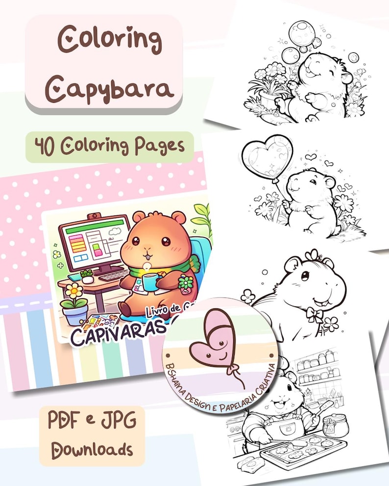 Cute Capybara Coloring Book – Printable PDF | 40 Adorable Pages for ...