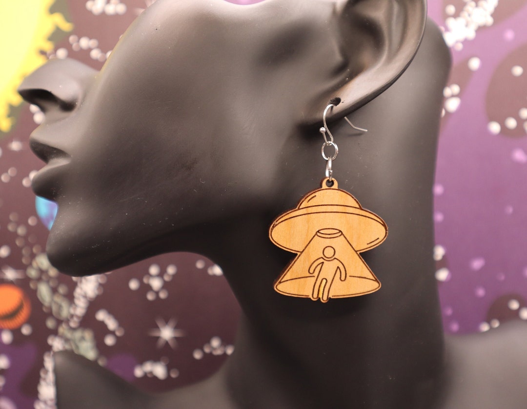 UFO Earrings, Aliens, Extraterrestrial, Halloween Jewelry, Wood ...