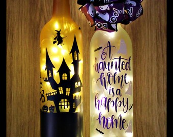Haunted House-halloween-lighted Wine Bottle-gift-home Décor - Etsy