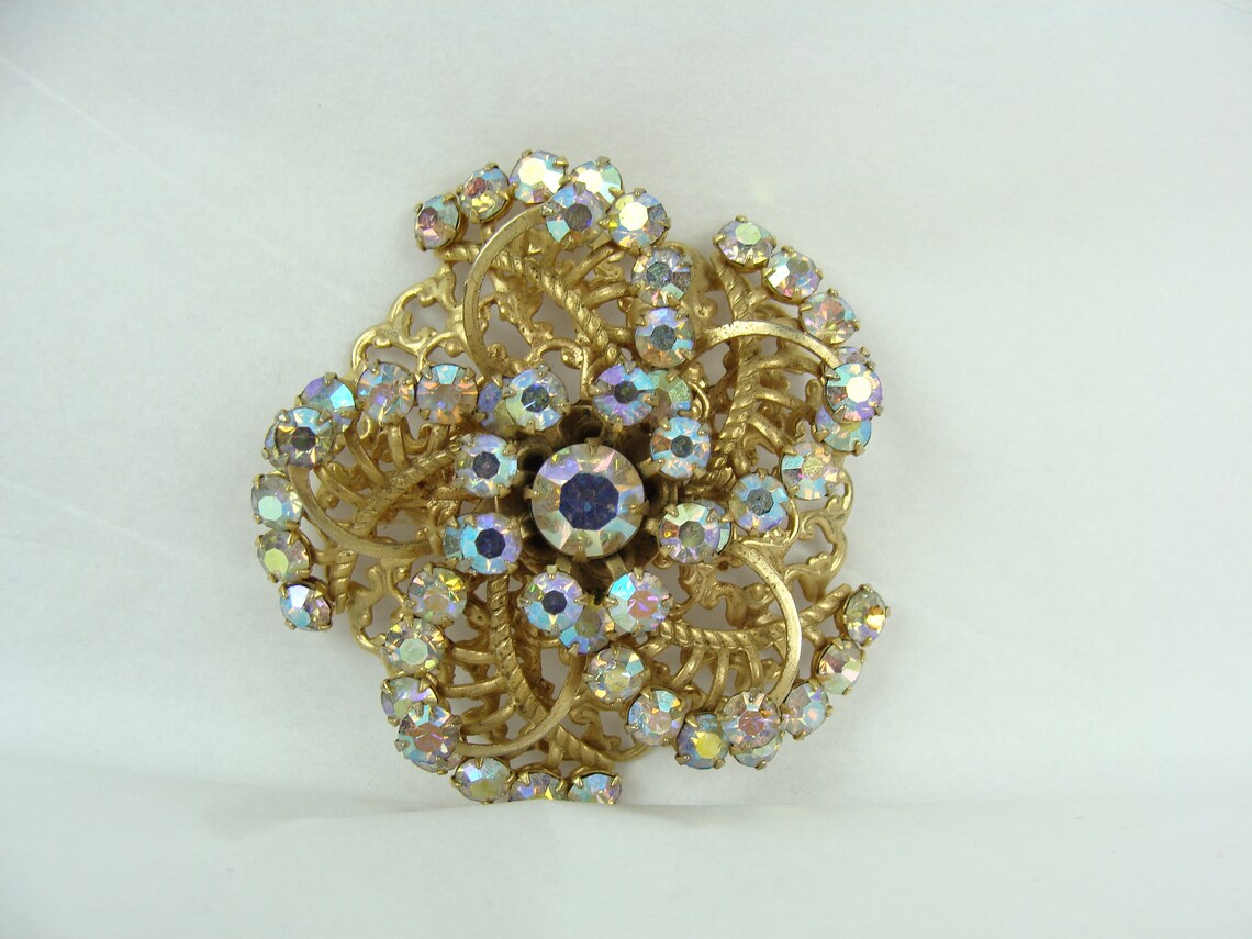 Vintage Rhinestone Brooch 60s Aurora Borealis Pinwheel Flower | Etsy