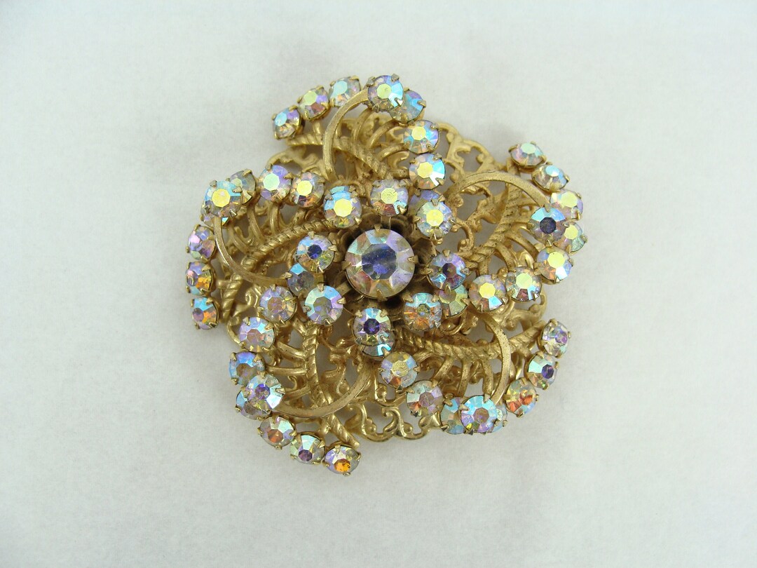 Vintage Rhinestone Brooch 60s Aurora Borealis Pinwheel Flower Stacked ...