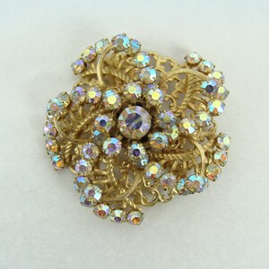 Vintage Rhinestone Brooch 60s Aurora Borealis Pinwheel Flower Stacked ...