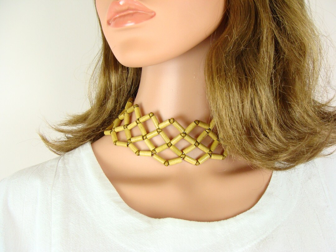 Vintage Choker Necklace 90s Does 70s Beaded Wood Stretch Elastic ...