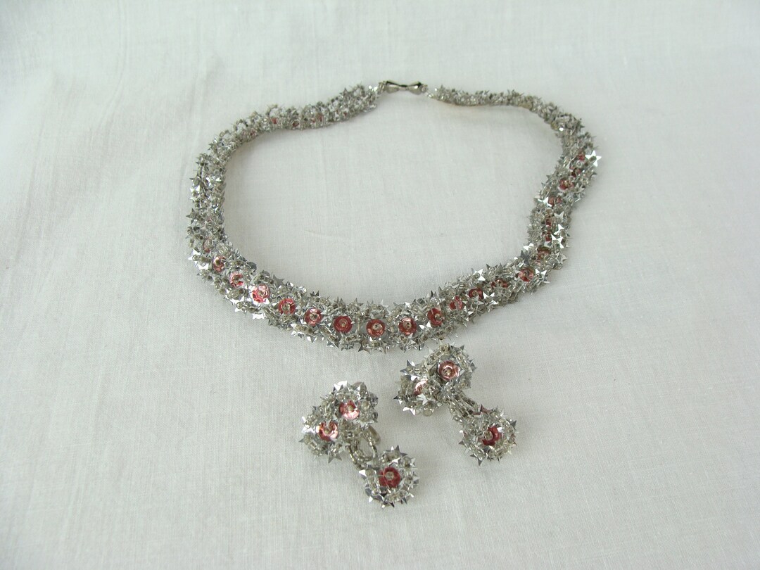 Vintage Sequin Necklace Earrings Set 60s Beaded Sequin Jewelry Set Drop Earrings Dangle Choker ...
