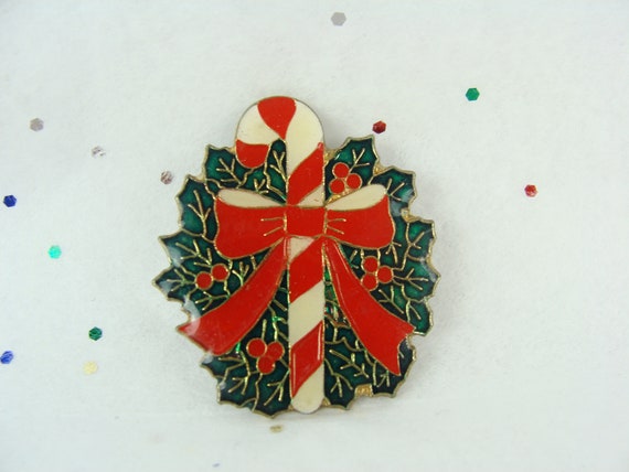 Vintage Christmas Pin 80s Enamel Candy Cane Brooch Cl… - Gem