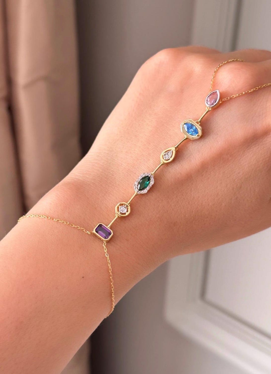 Gold Plated Sterling Silver Hand Chain Bracelet – Colorful Geometric ...