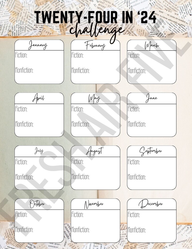 24 Books in 2024 Reading Challenge Printable - Etsy