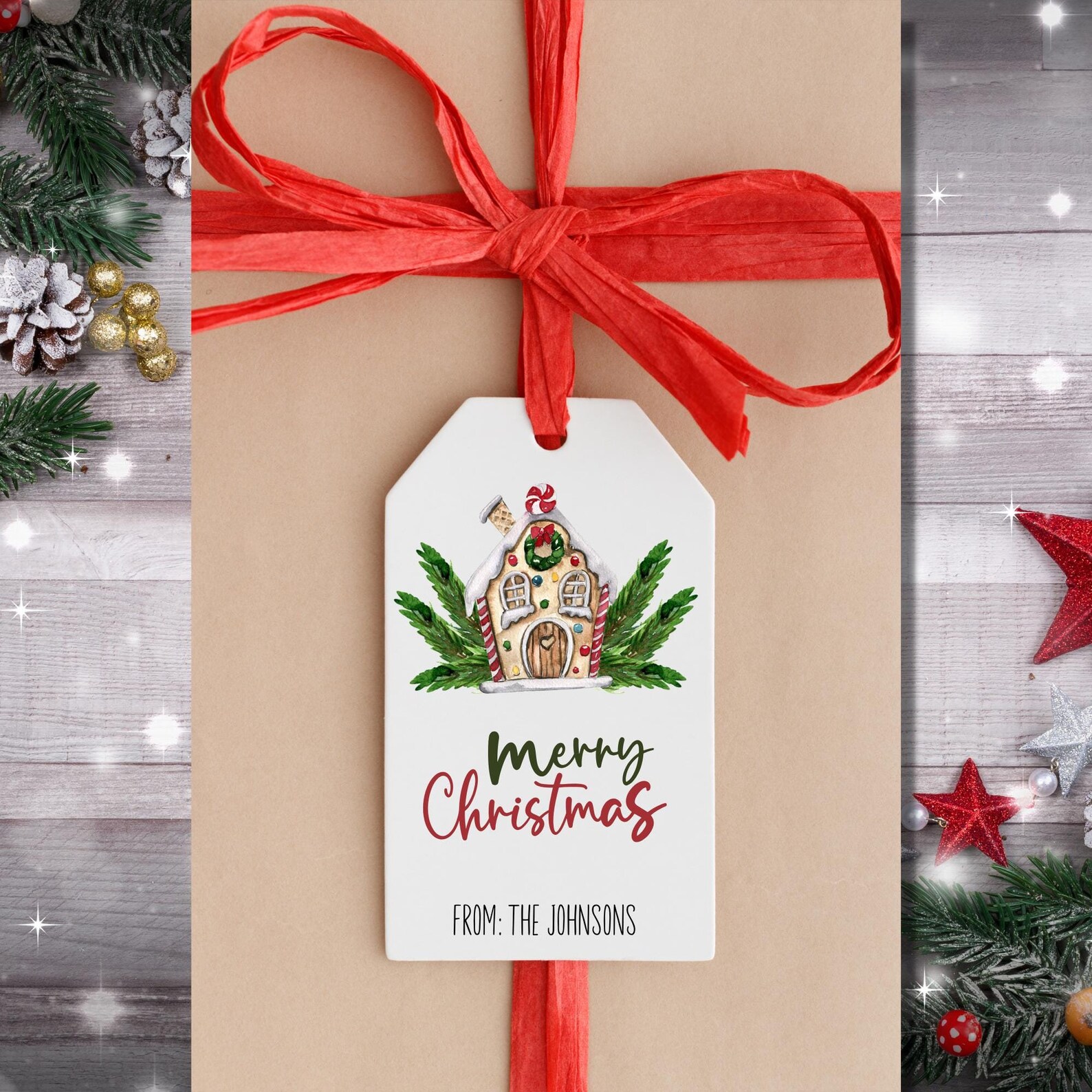 PRINTED Custom Merry Christmas Gift Tag, Ginger Bread House Tag, Family ...