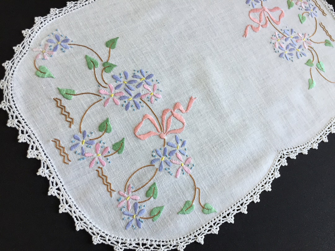Large Hand Embroidered Oblong Doily or Tray Cloth in Pastel Colours ...