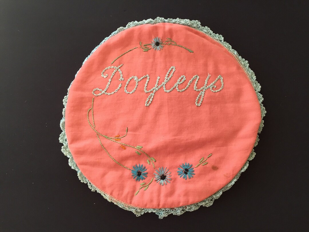 Antique Hand Embroidered Salmon Pink Linen and Cardboard Doily Keeper ...