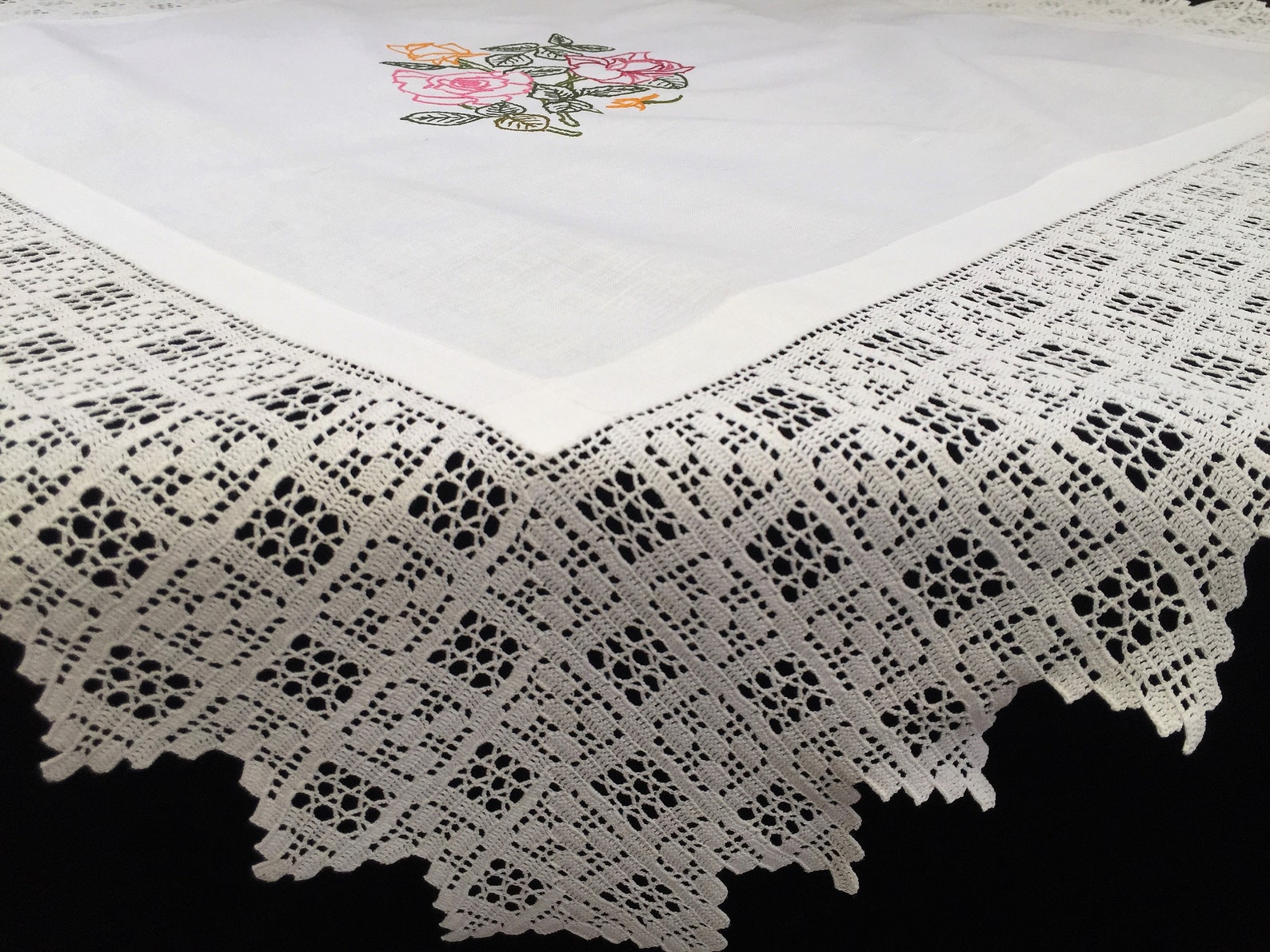 Embroidered Irish Linen Tablecloth With Roses and Deep Filet | Etsy