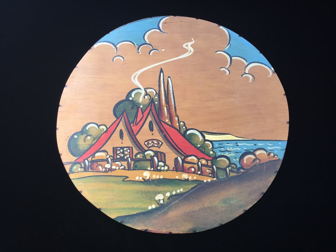 Vintage Wooden Doily Keeper Linen Press With Seaside Cottages Painting ...