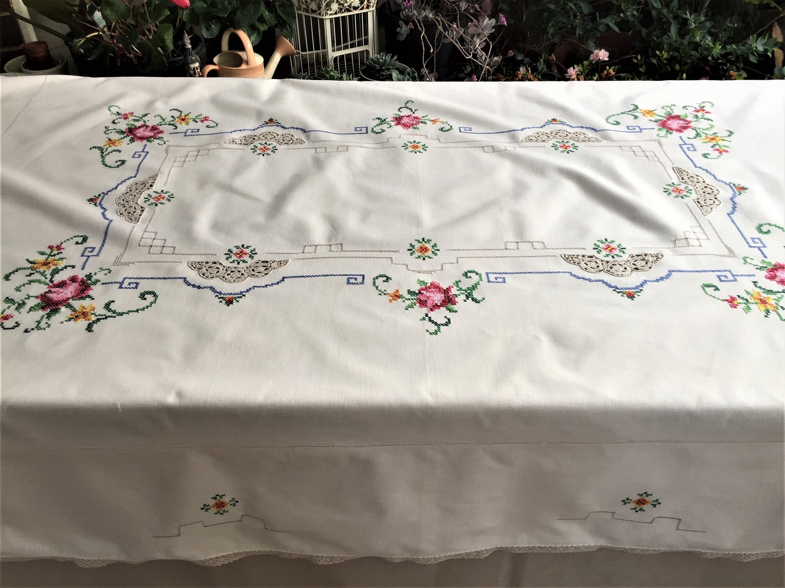 Large Hand Embroidered Ivory Cotton Linen Tablecloth With - Etsy