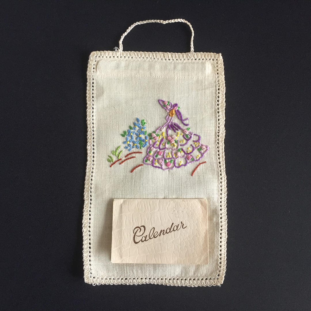Rare Vintage Hand Embroidered 1953 Calendar With Crinoline Lady Design ...