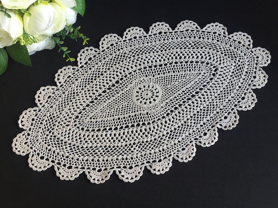 Vintage Oblong Crochet Lace Doily or Tray Cloth in Natural Neutral Ecru ...