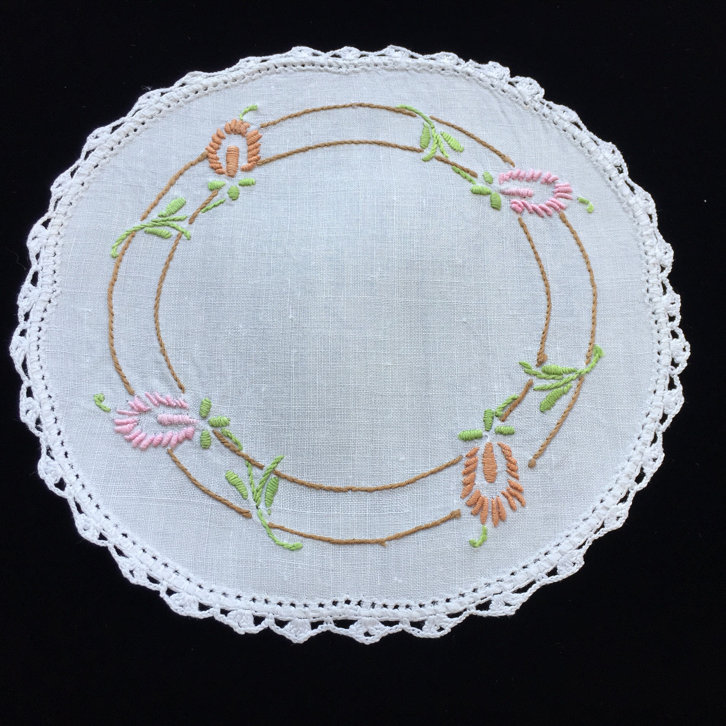 Vintage Embroidered Linen Doily with Crocheted Edge | Etsy