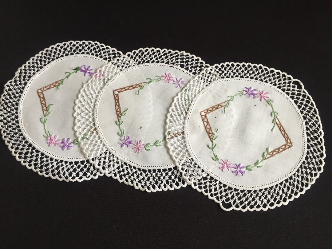 A Trio of Australian Vintage Hand Embroidered DAMAGED Linen Doilies With Purple Floral Pattern ...