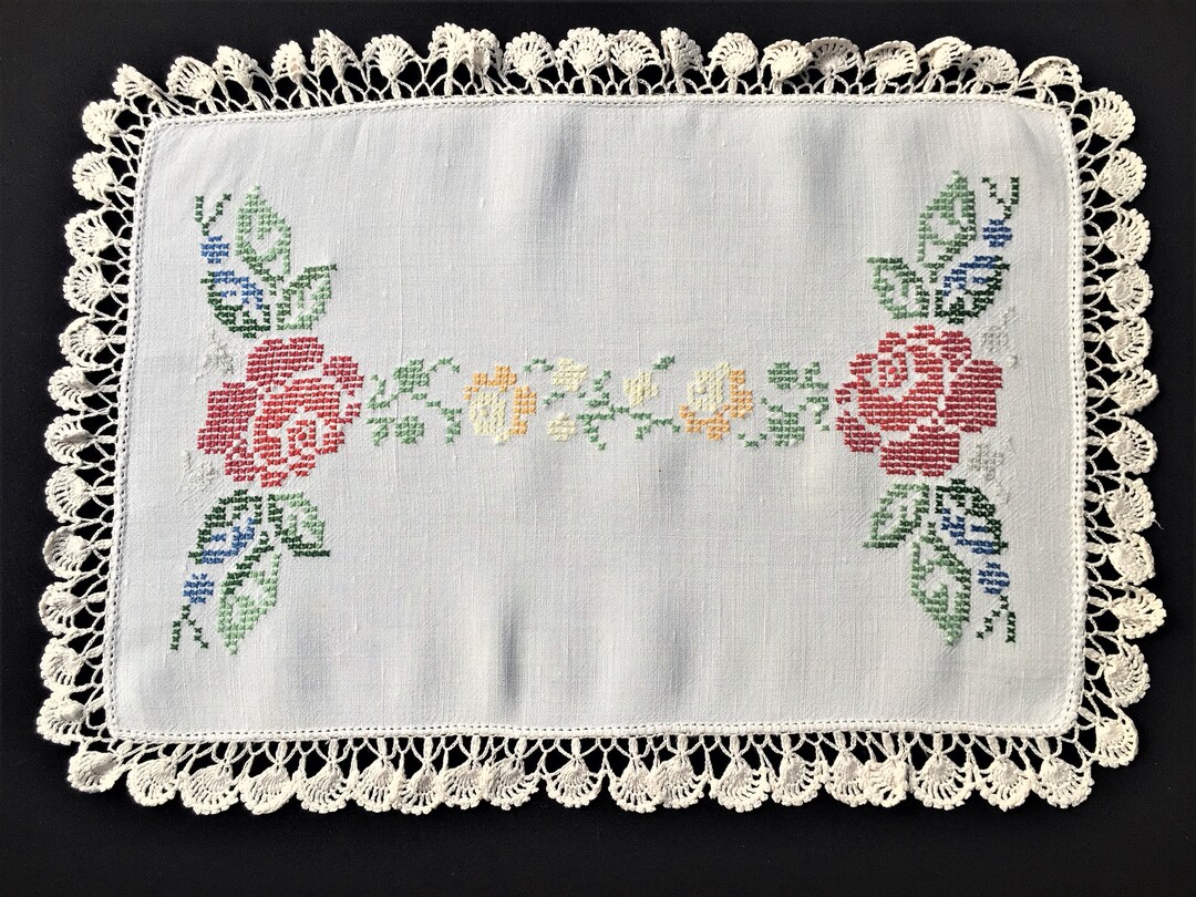 Cross Stitch Embroidered Vintage Linen Placemat or Tray Cloth - Etsy